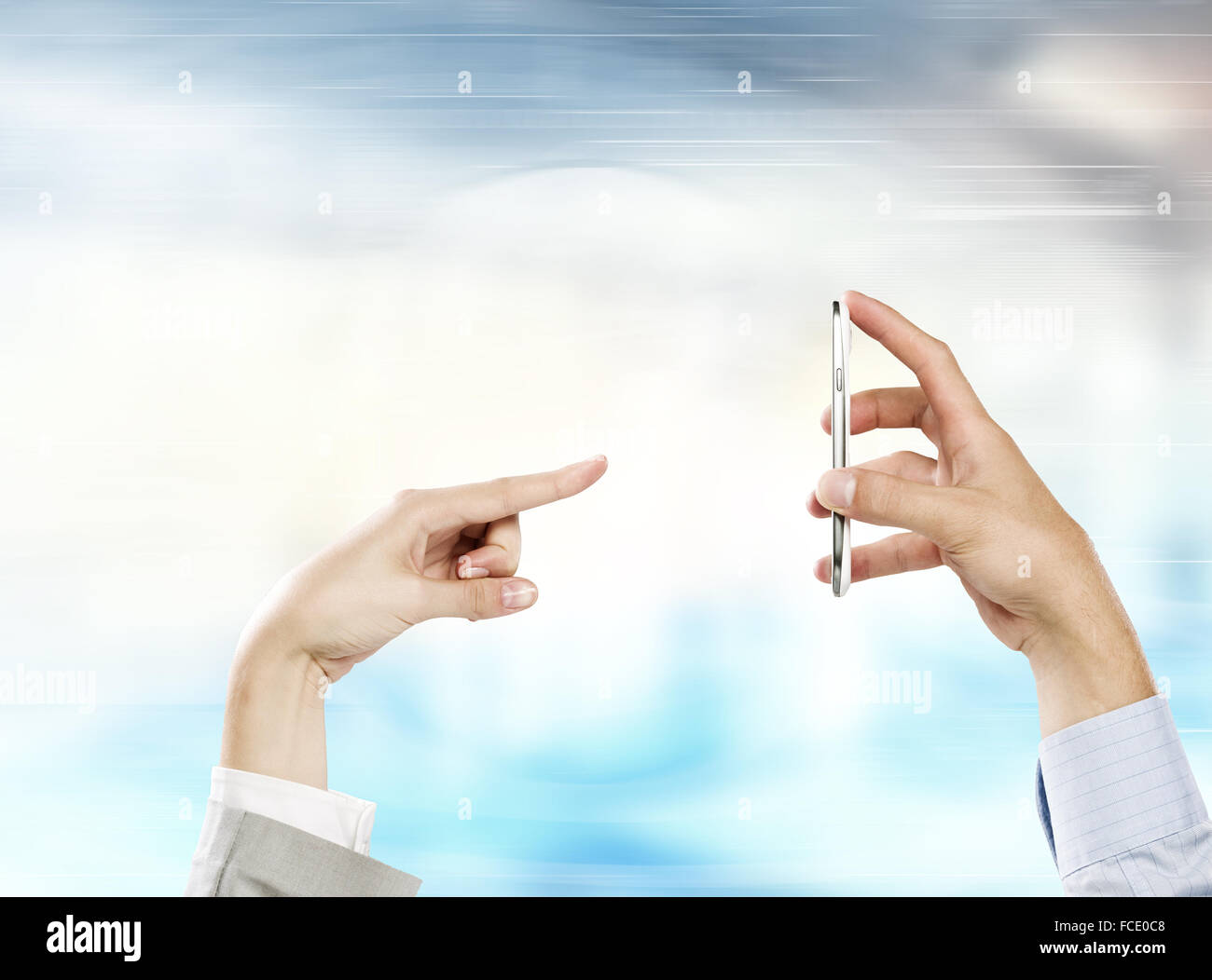 Two business people using one mobile phone at the same time Stock Photo ...