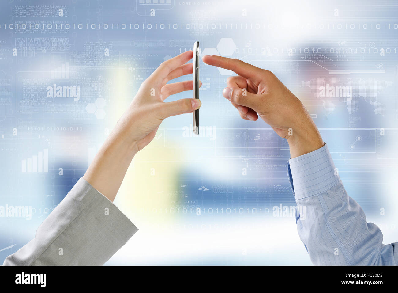 Two business people using one mobile phone at the same time Stock Photo ...