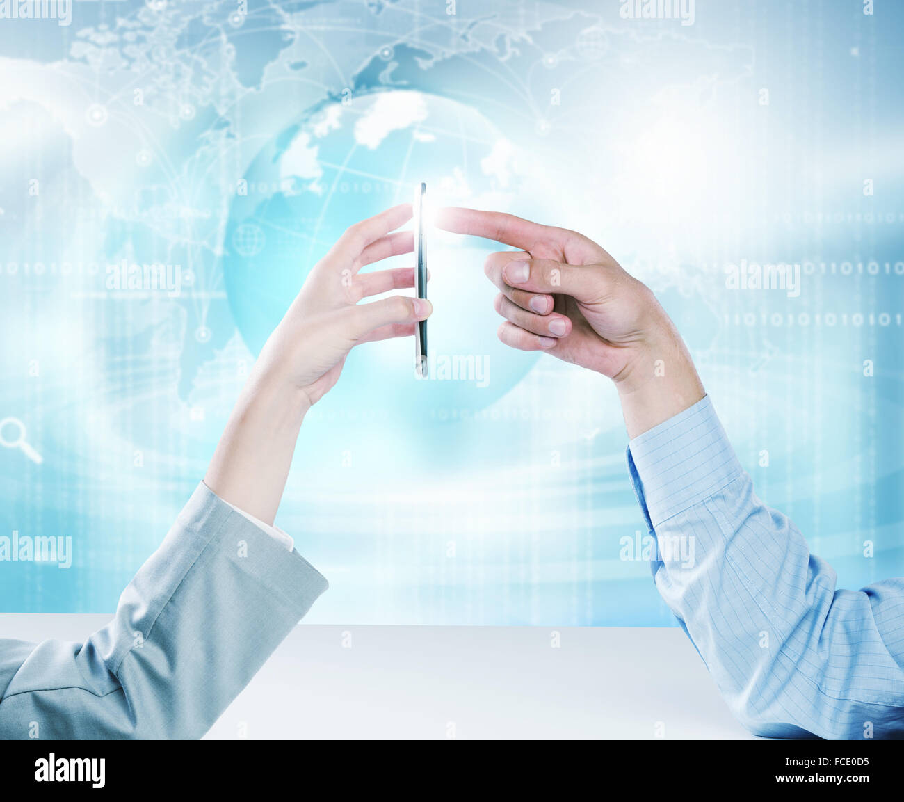 Two business people using one mobile phone at the same time Stock Photo ...