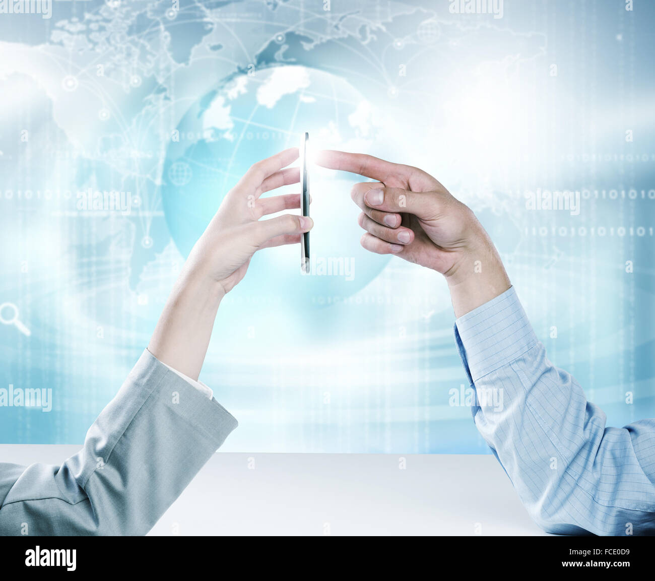 Two business people using one mobile phone at the same time Stock Photo ...