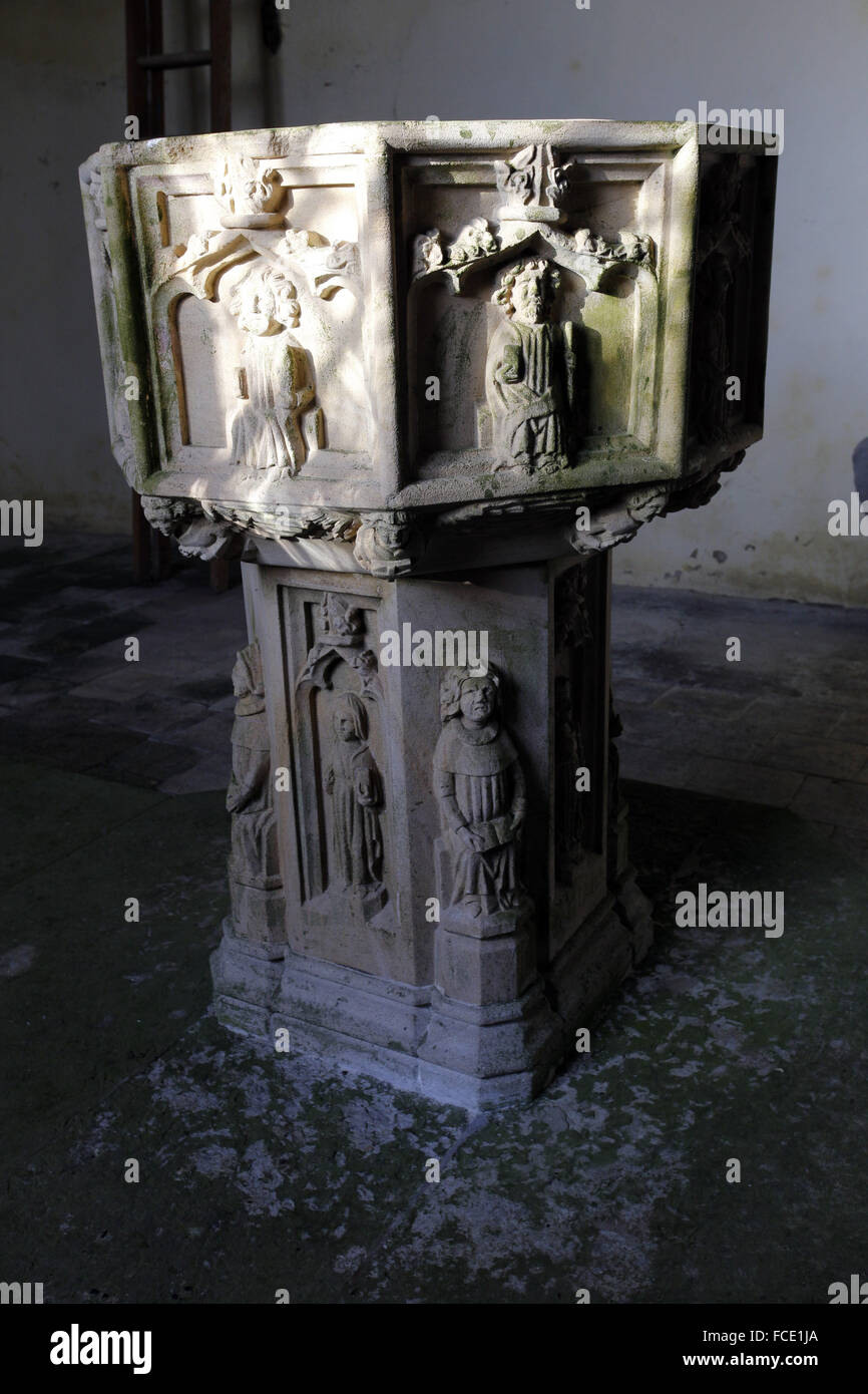 15th century font with carvings of the Apostles, St Nicholas Church ...