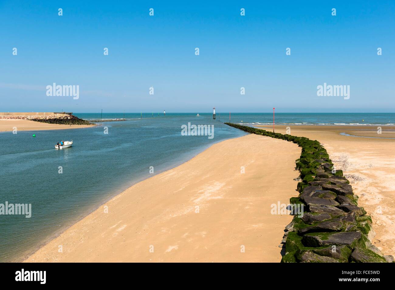 France, Normandy, the mouth of the River Touques , the sea and the sand ...