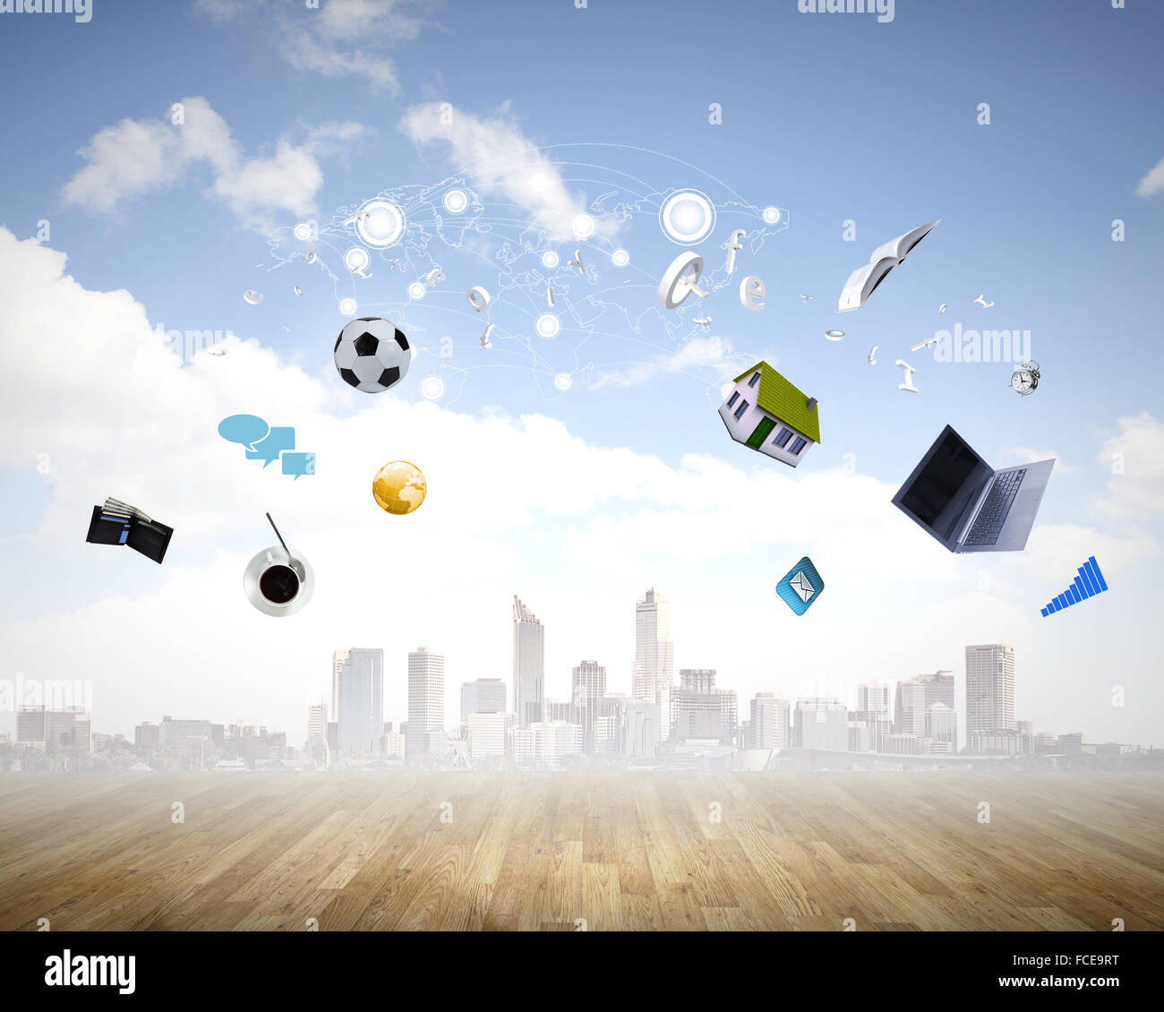 Background image with various items flying in air Stock Photo - Alamy