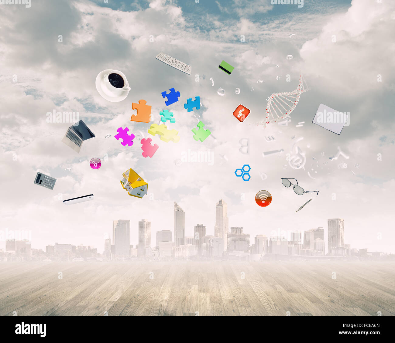 Background image with various items flying in air Stock Photo - Alamy
