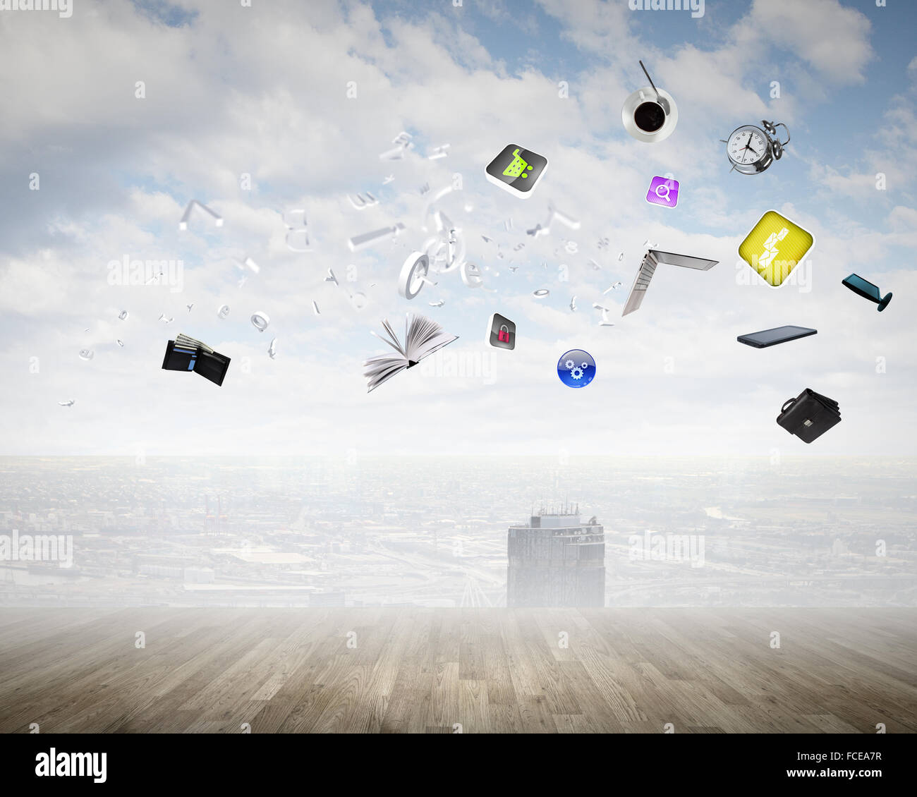 Background image with various items flying in air Stock Photo - Alamy