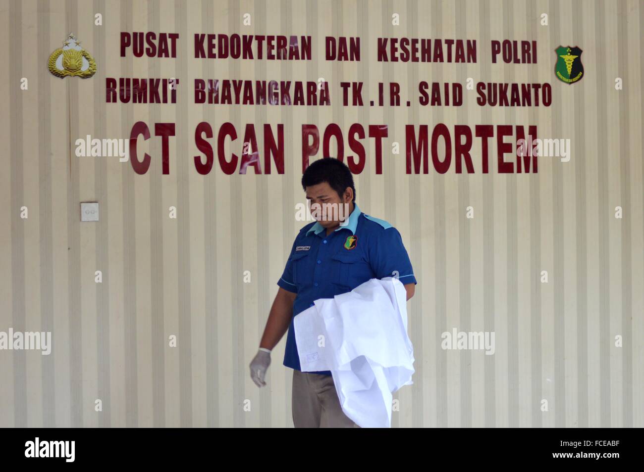 Jakarta, Indonesia. 22nd Jan, 2016. Medical team pass at post mortem room of dead bodies bomb ...