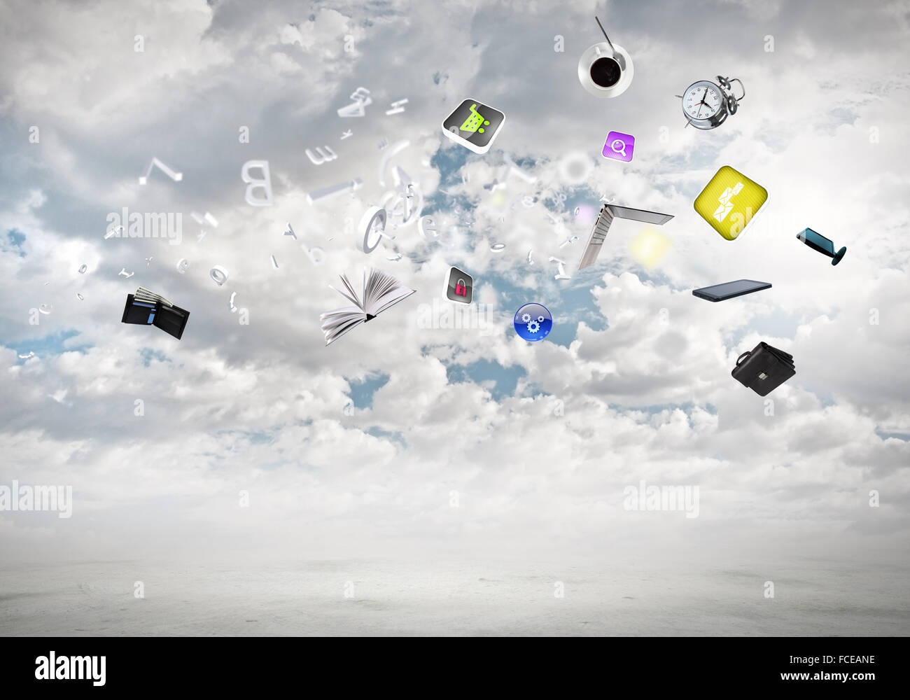Background image with various items flying in air Stock Photo - Alamy