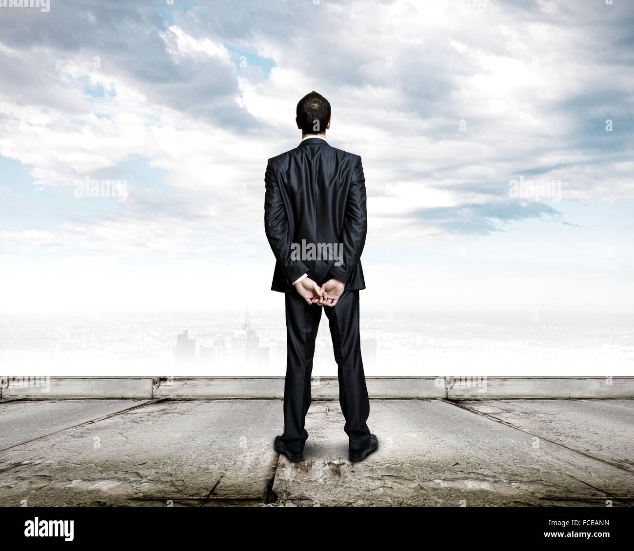 Rear view of businessman standing against urban scene Stock Photo - Alamy
