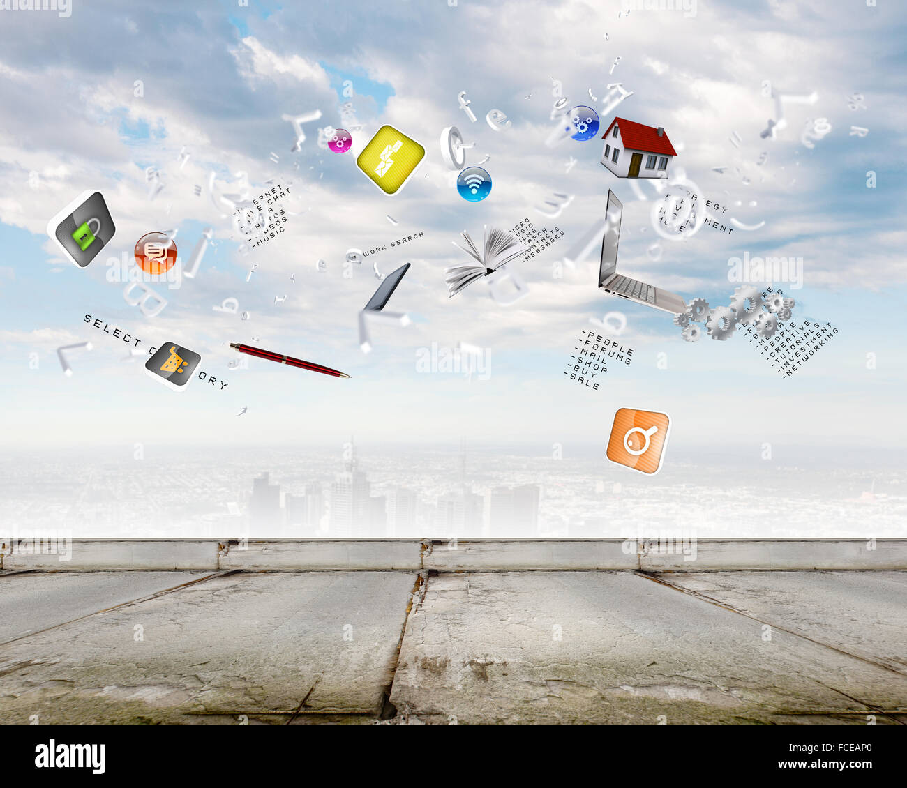 Background image with various items flying in air Stock Photo - Alamy