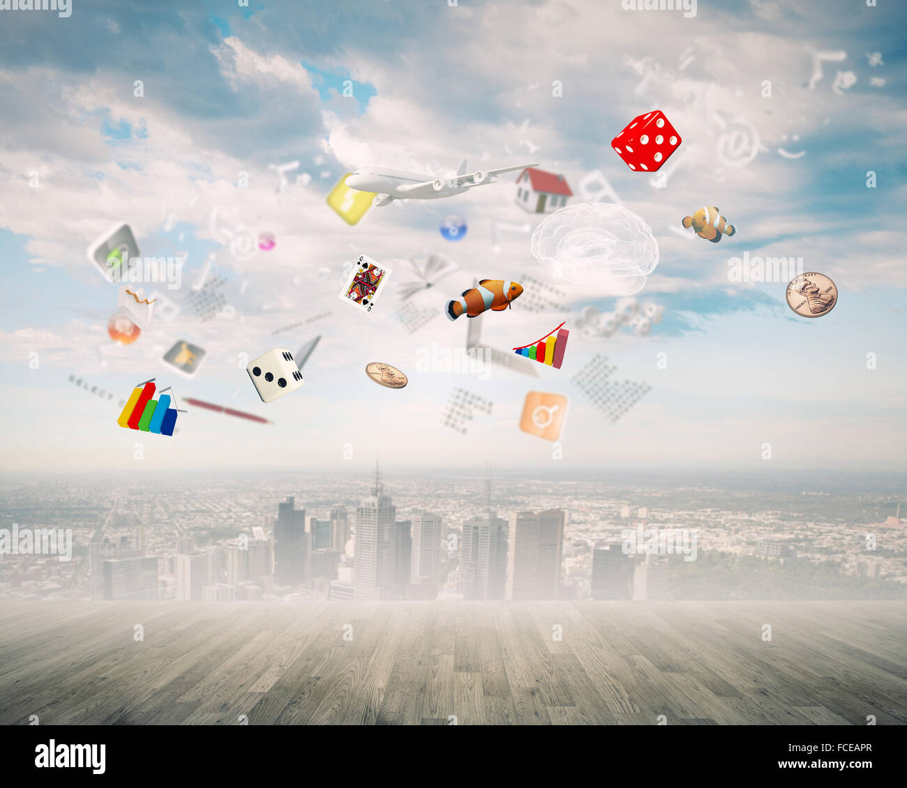 Background image with various items flying in air Stock Photo - Alamy