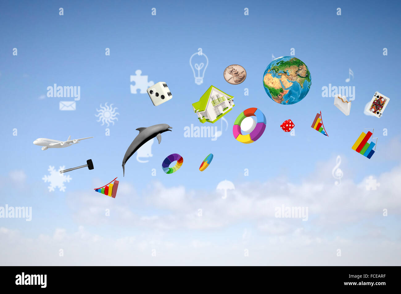 Background image with various items flying in air. Elements of this ...