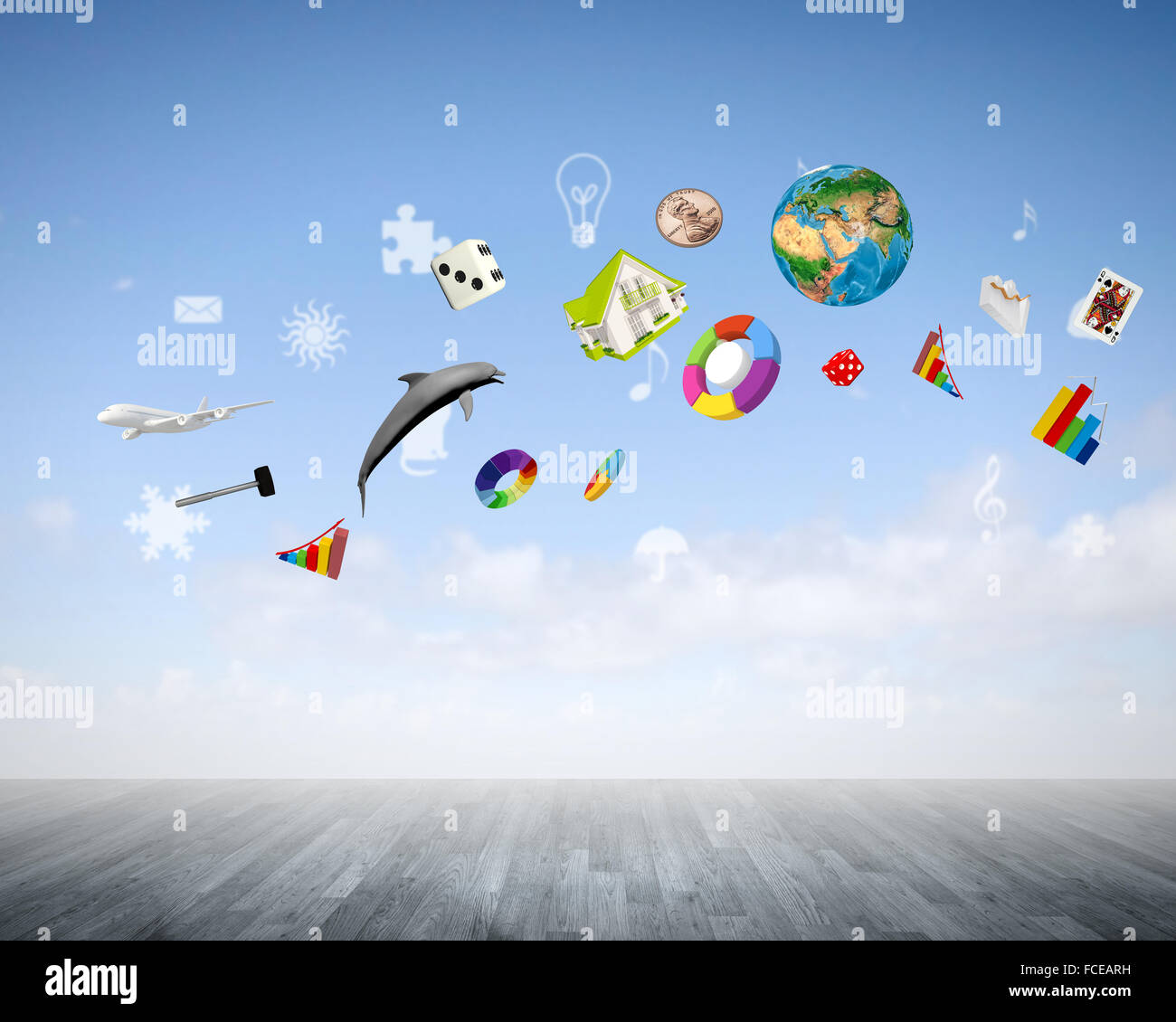 Background image with various items flying in air. Elements of this ...