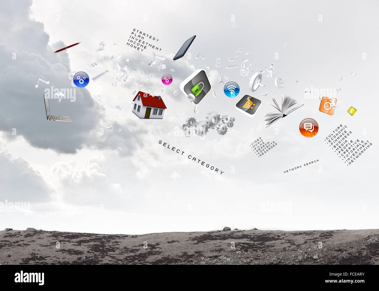 Background image with various items flying in air Stock Photo - Alamy