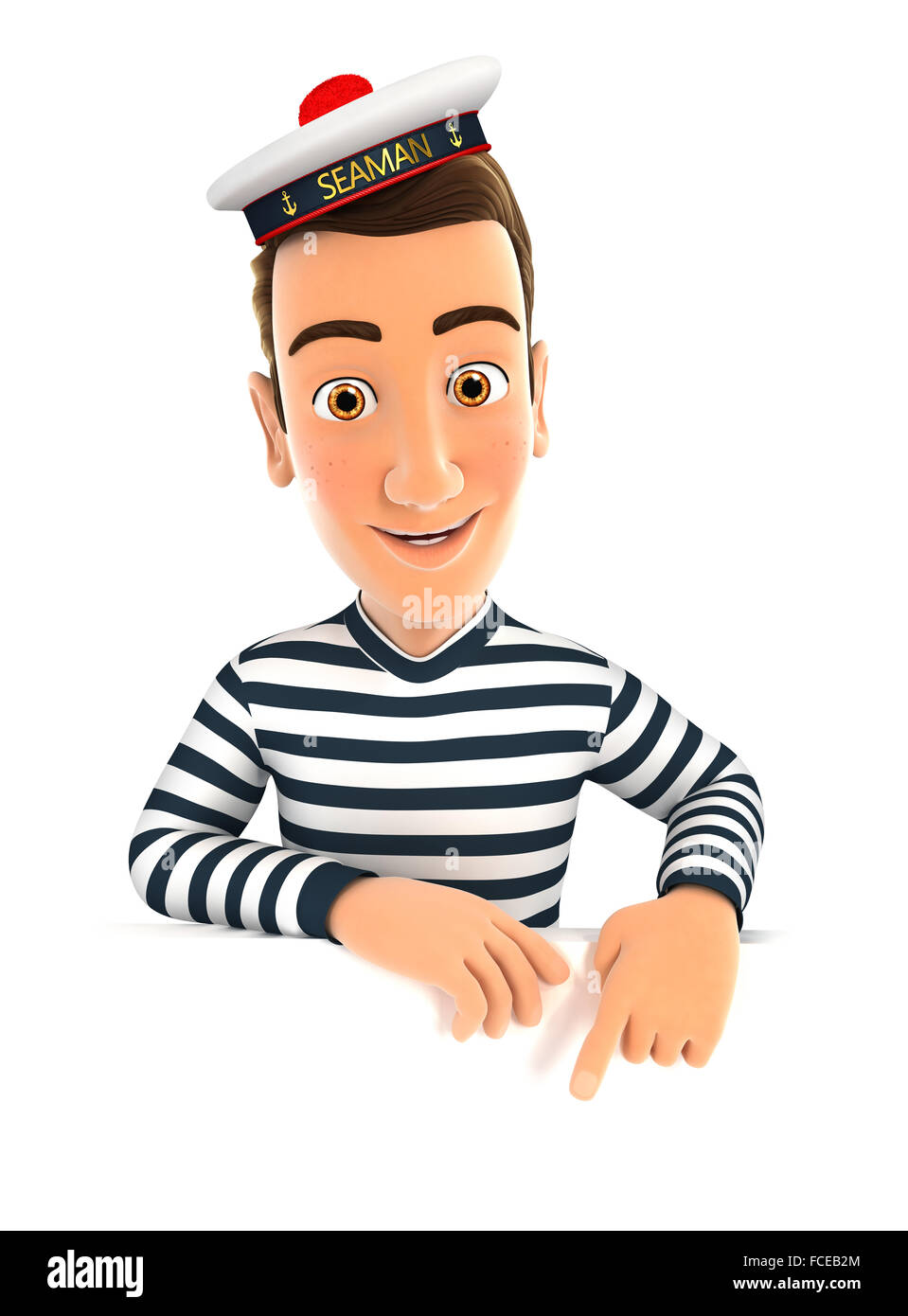 3d seaman pointing to empty wall, isolated white background Stock Photo ...
