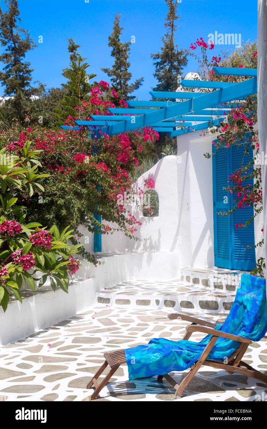 Greece, flowered terrace of a house Stock Photo - Alamy