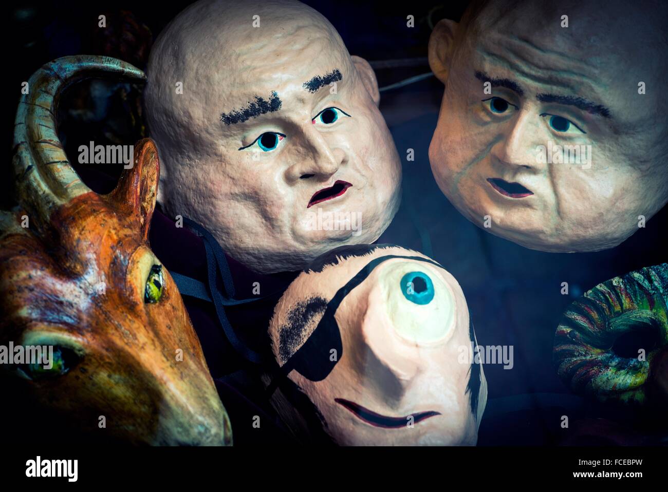 Closeup of four grotesque masks. Barcelona, Spain, Europe Stock Photo ...