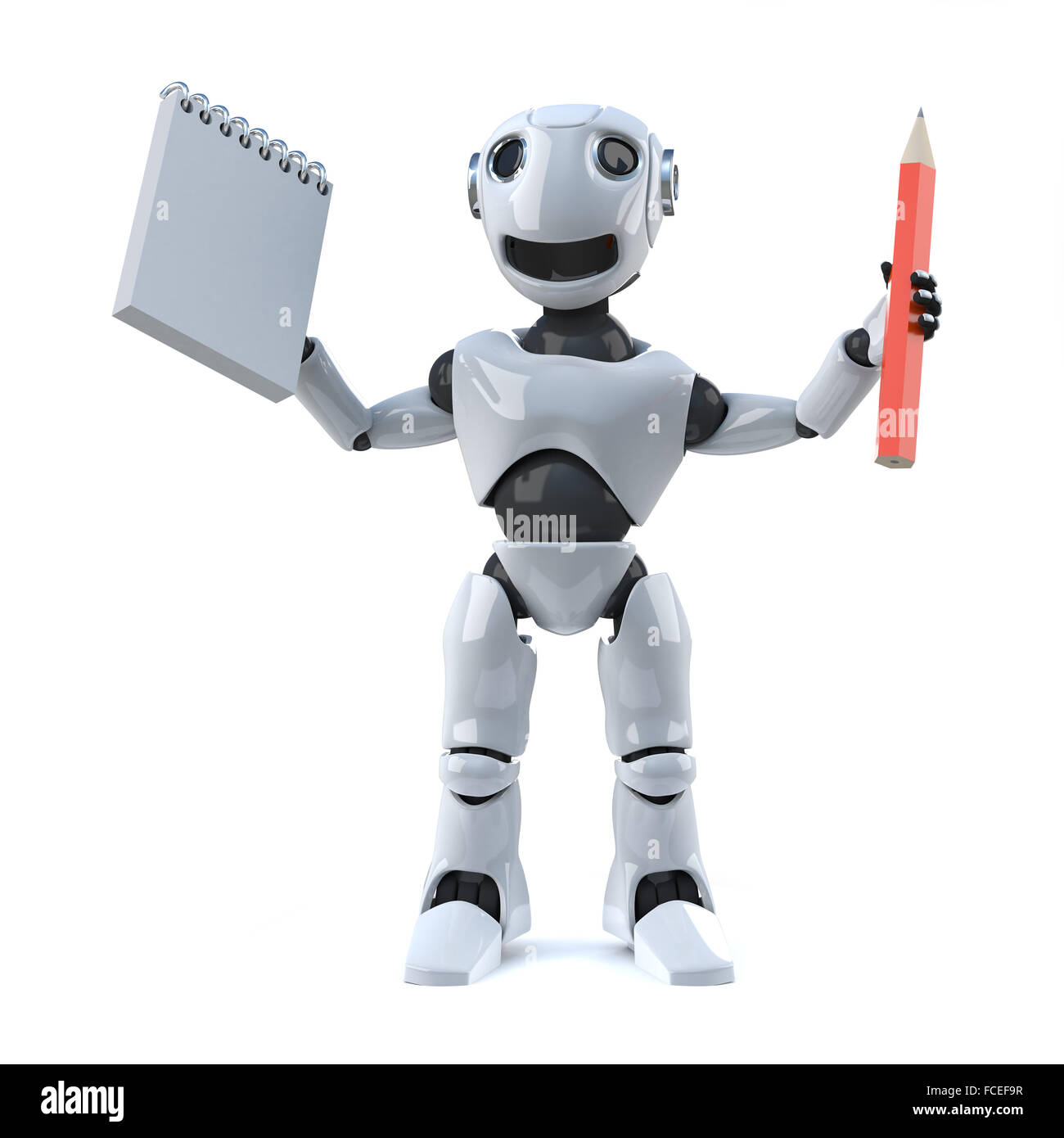 3d render of a robot holding aloft a pencil and notepad Stock Photo - Alamy