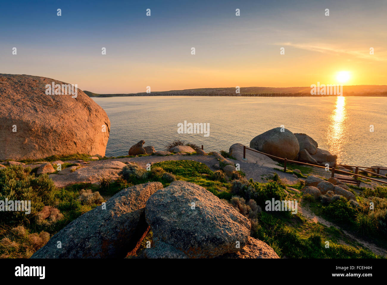 Sunset over the Victor Harbor, view from Granite Island, South ...