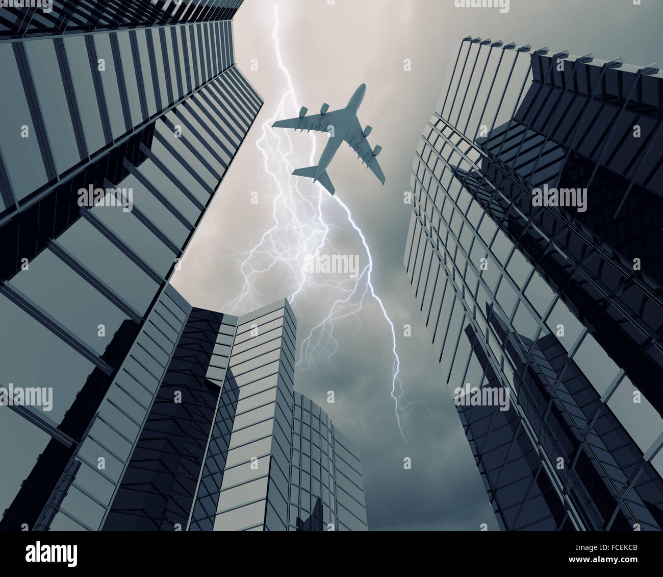 Bottom view of airplane flying above skyscrapers Stock Photo - Alamy