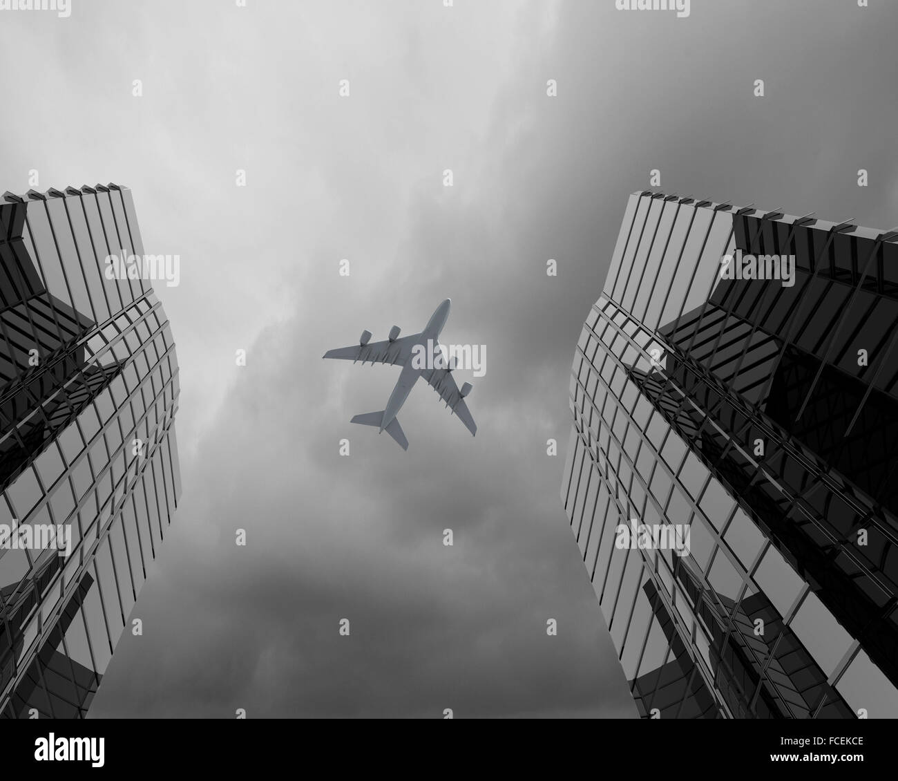 Bottom view of airplane flying above skyscrapers Stock Photo - Alamy