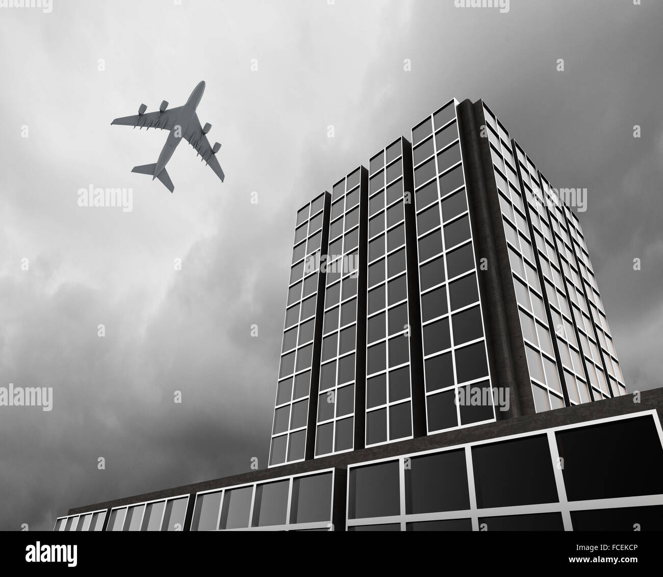 Bottom view of airplane flying above skyscrapers Stock Photo - Alamy