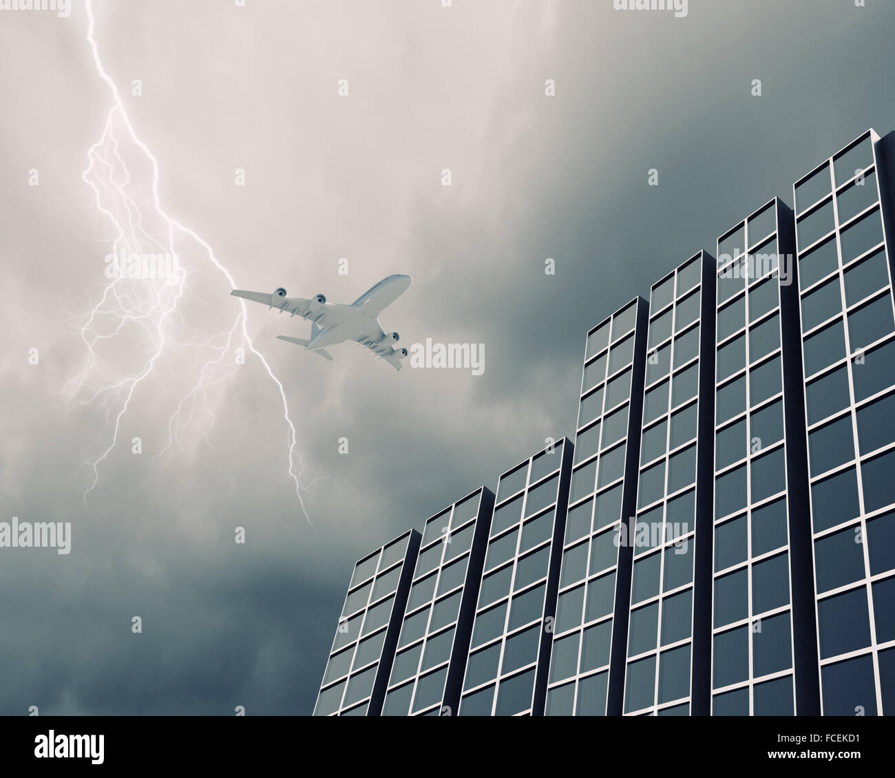 Bottom view of airplane flying above skyscrapers Stock Photo - Alamy