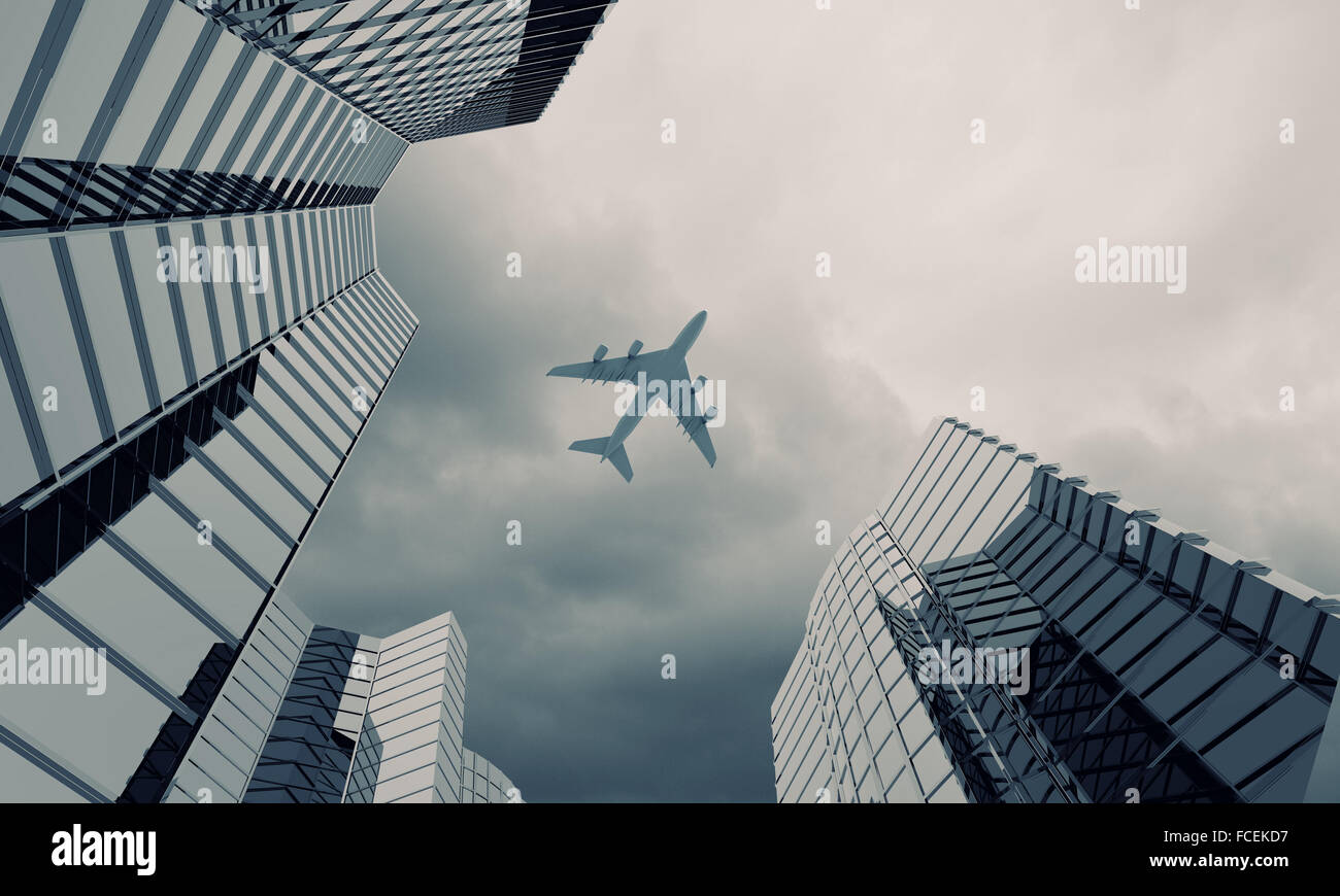 Bottom view of airplane flying above skyscrapers Stock Photo - Alamy