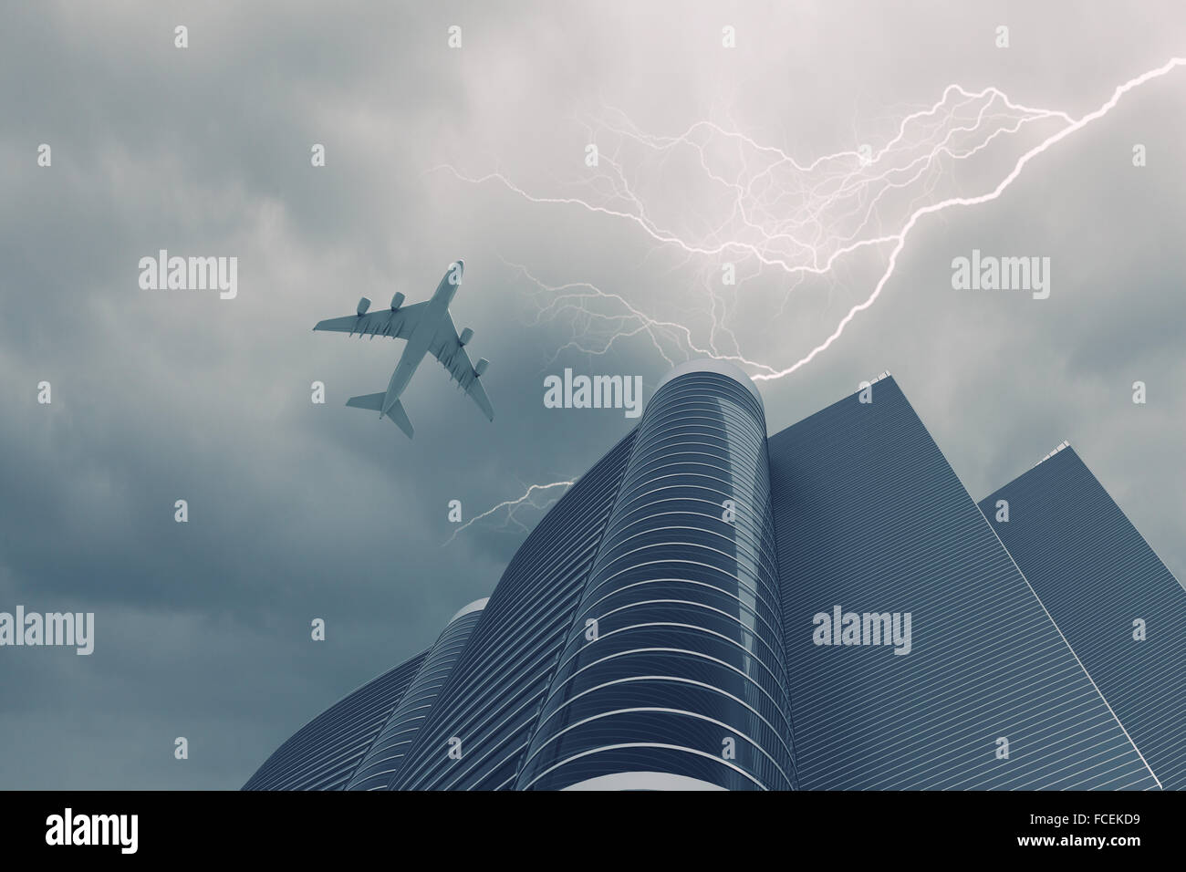 Bottom view of airplane flying above skyscrapers Stock Photo - Alamy
