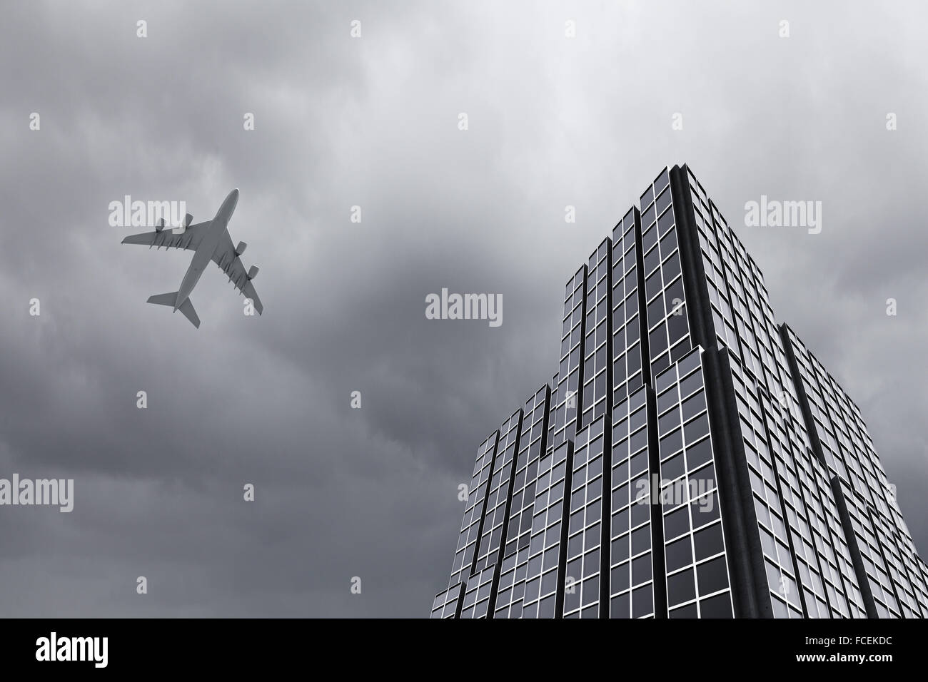 Bottom view of airplane flying above skyscrapers Stock Photo - Alamy
