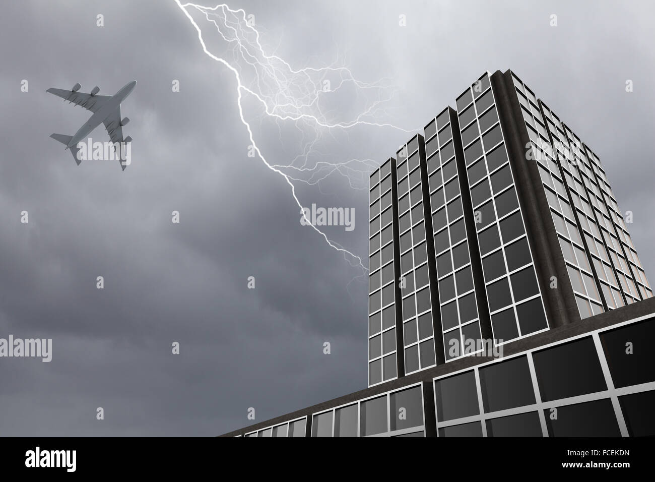 Bottom view of airplane flying above skyscrapers Stock Photo - Alamy