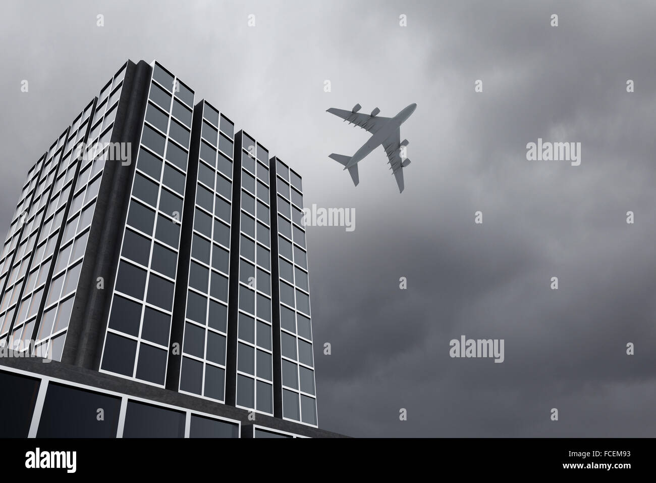 Bottom view of airplane flying above skyscrapers Stock Photo - Alamy