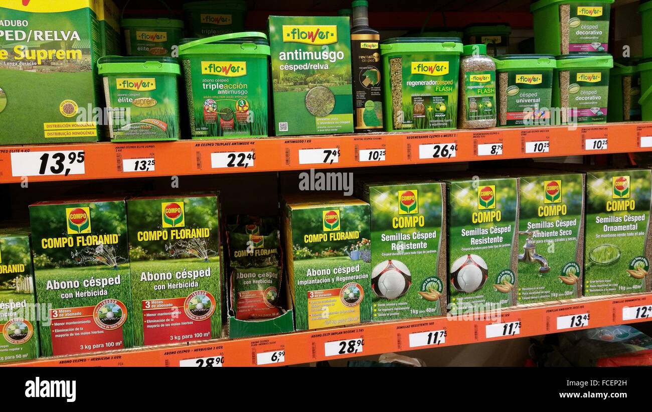 Fertilzer and other treatments for plants for sale in a store Stock ...