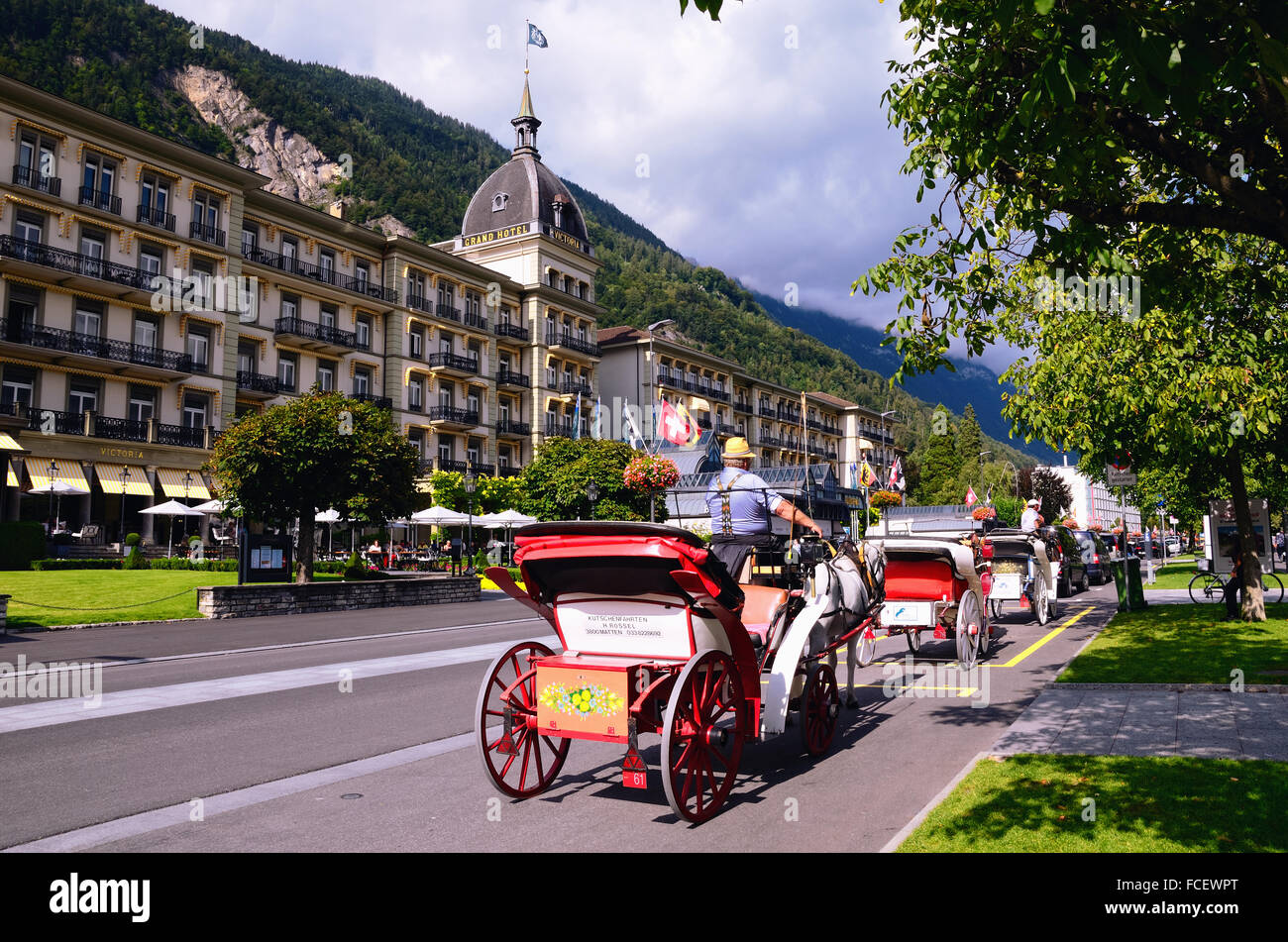 Swiss Tourist Town of Interlaken. Main Street with Grand Hotel Victoria ...