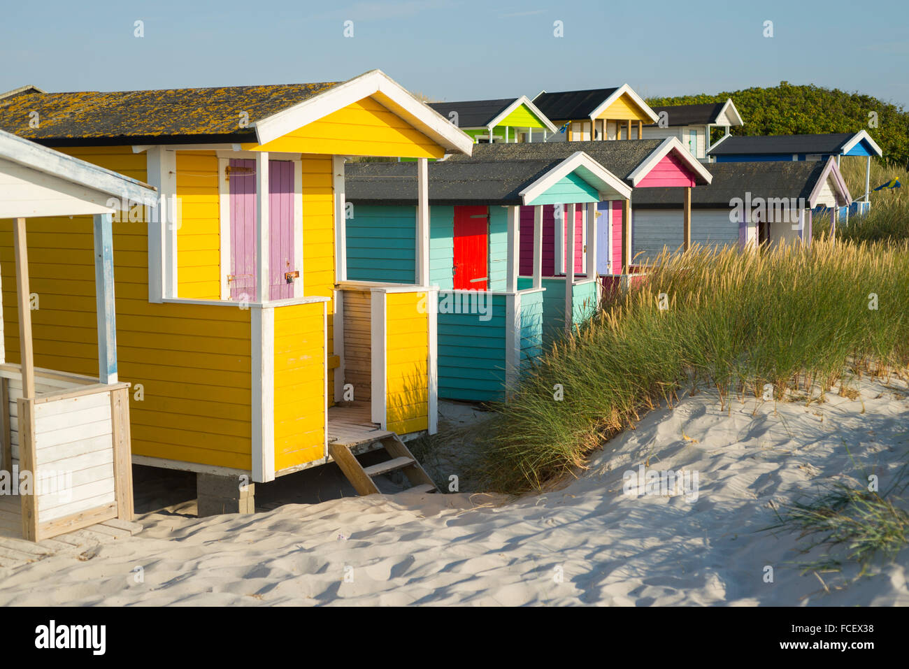 Colorful wooden beach huts in the sand dunes on the beach of Skanör in ...