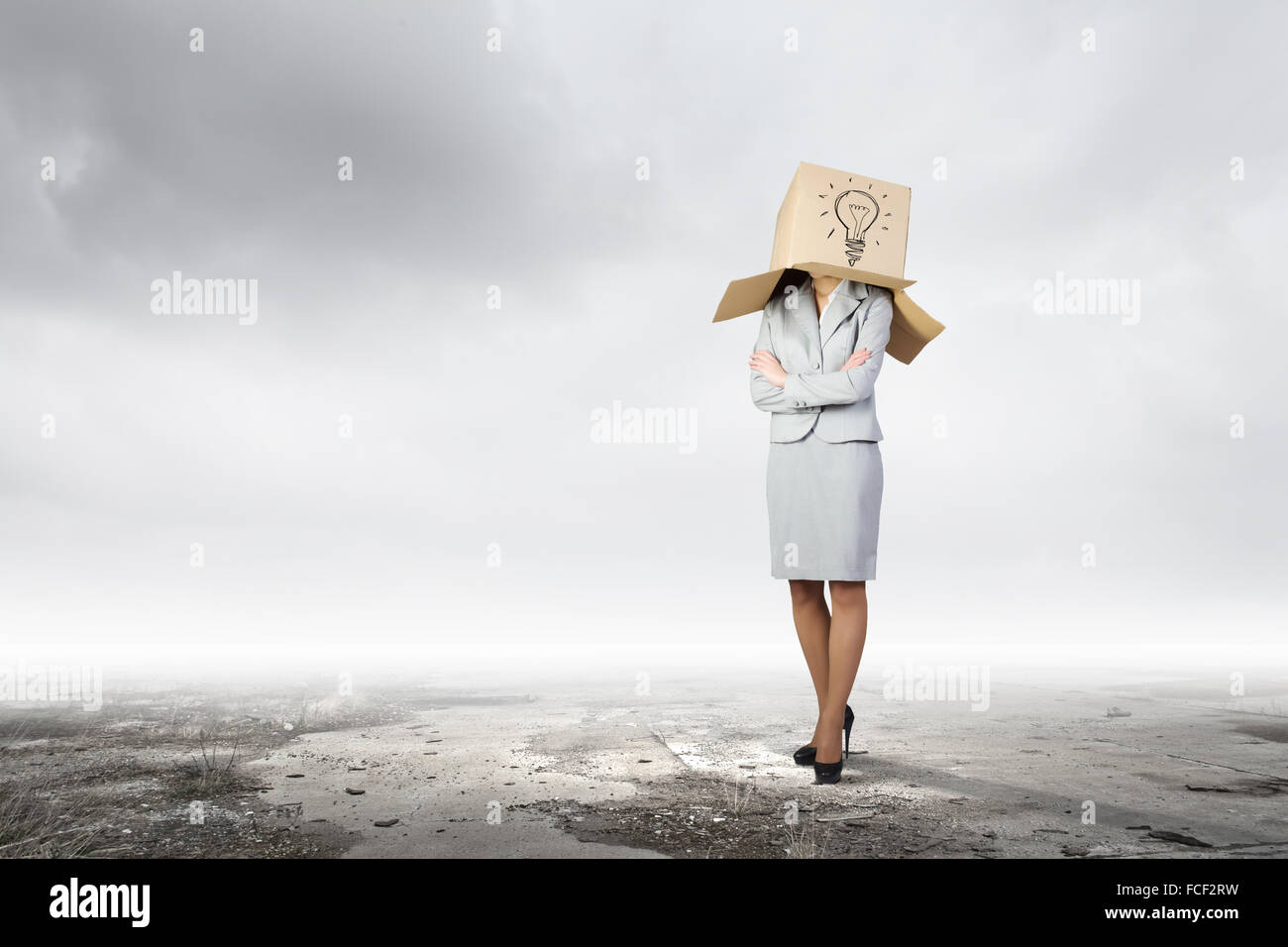 Businesswoman wearing on head carton box with sign Stock Photo - Alamy