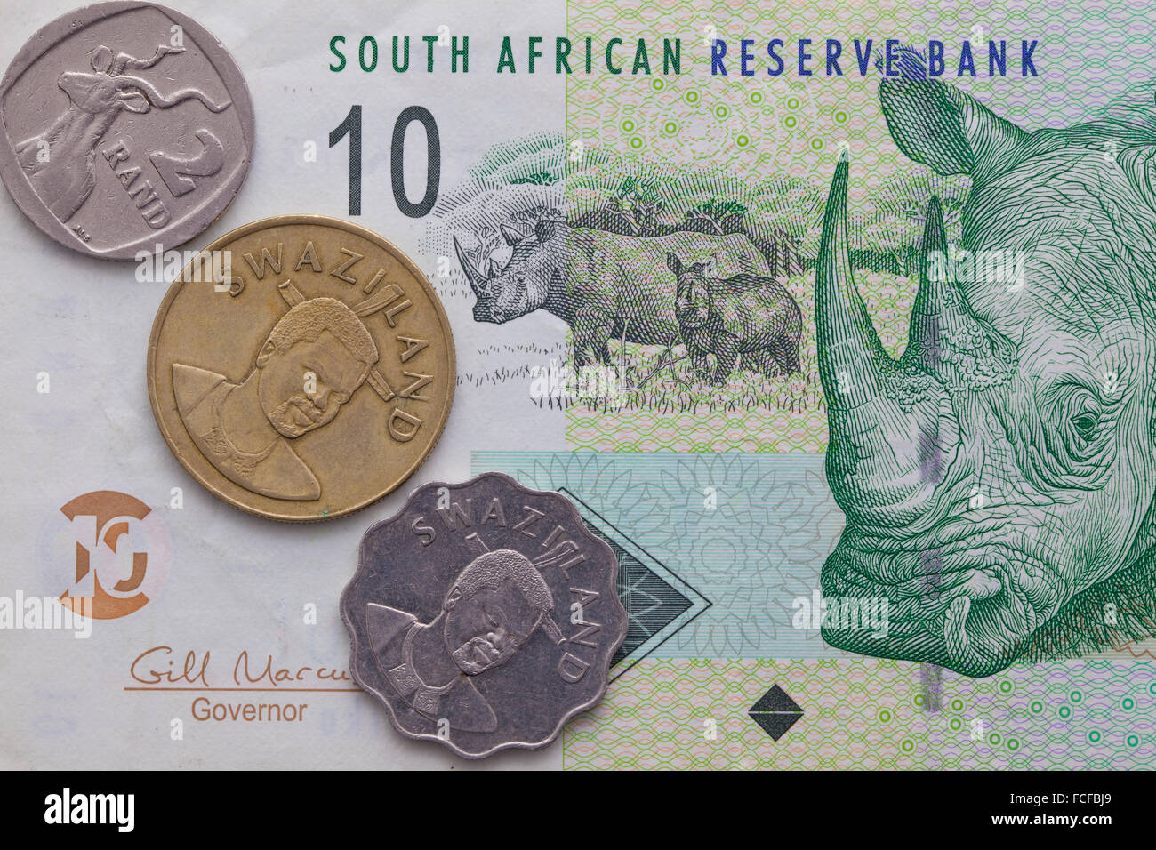 Different banknote and coins of Rand of South Africa Stock Photo - Alamy