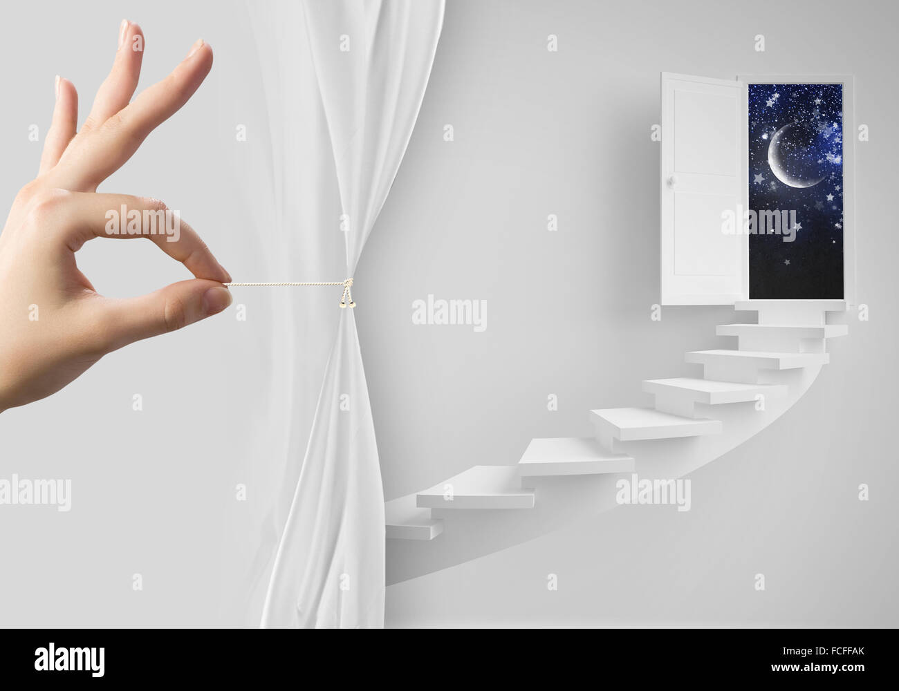 Close up of hand opening white curtain with opened door behind it Stock ...