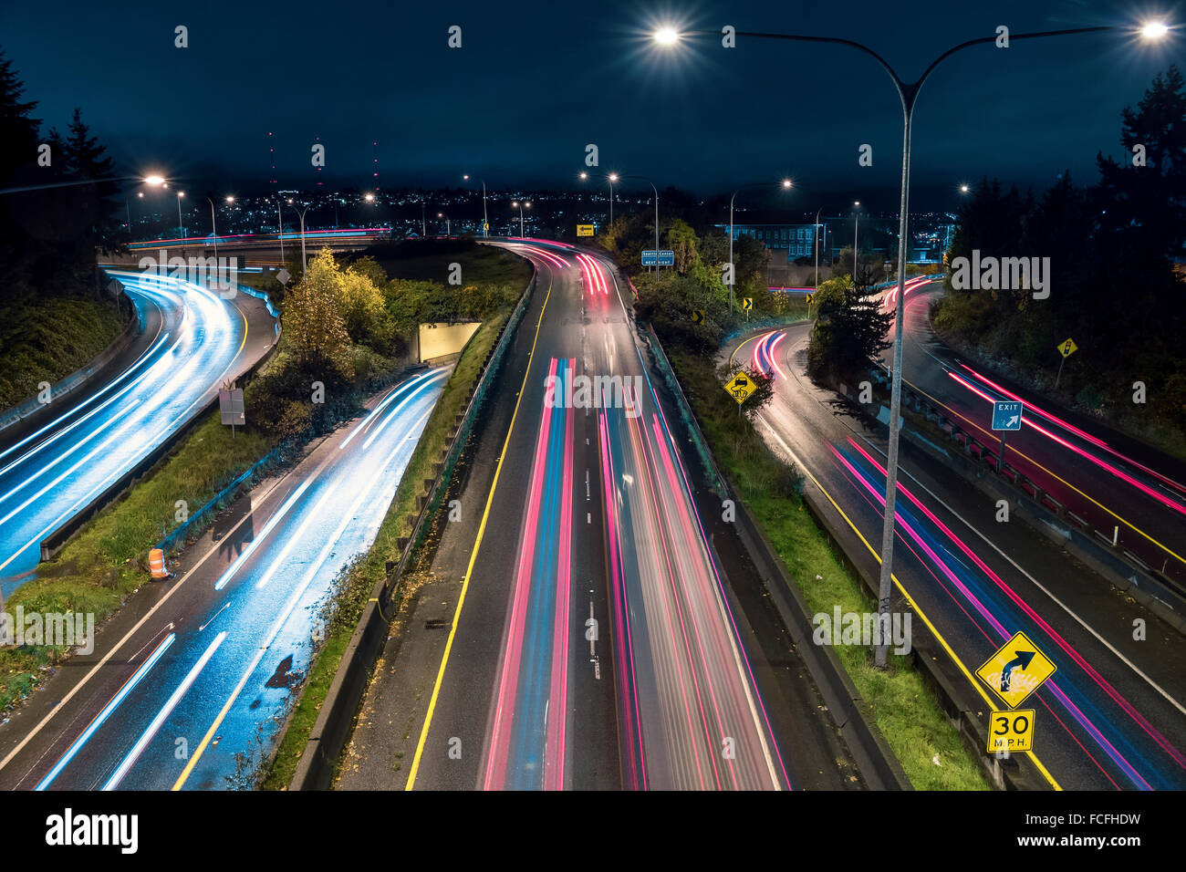 Commuters in Freeway Traffic at Night on Highway 520 Connecting to ...