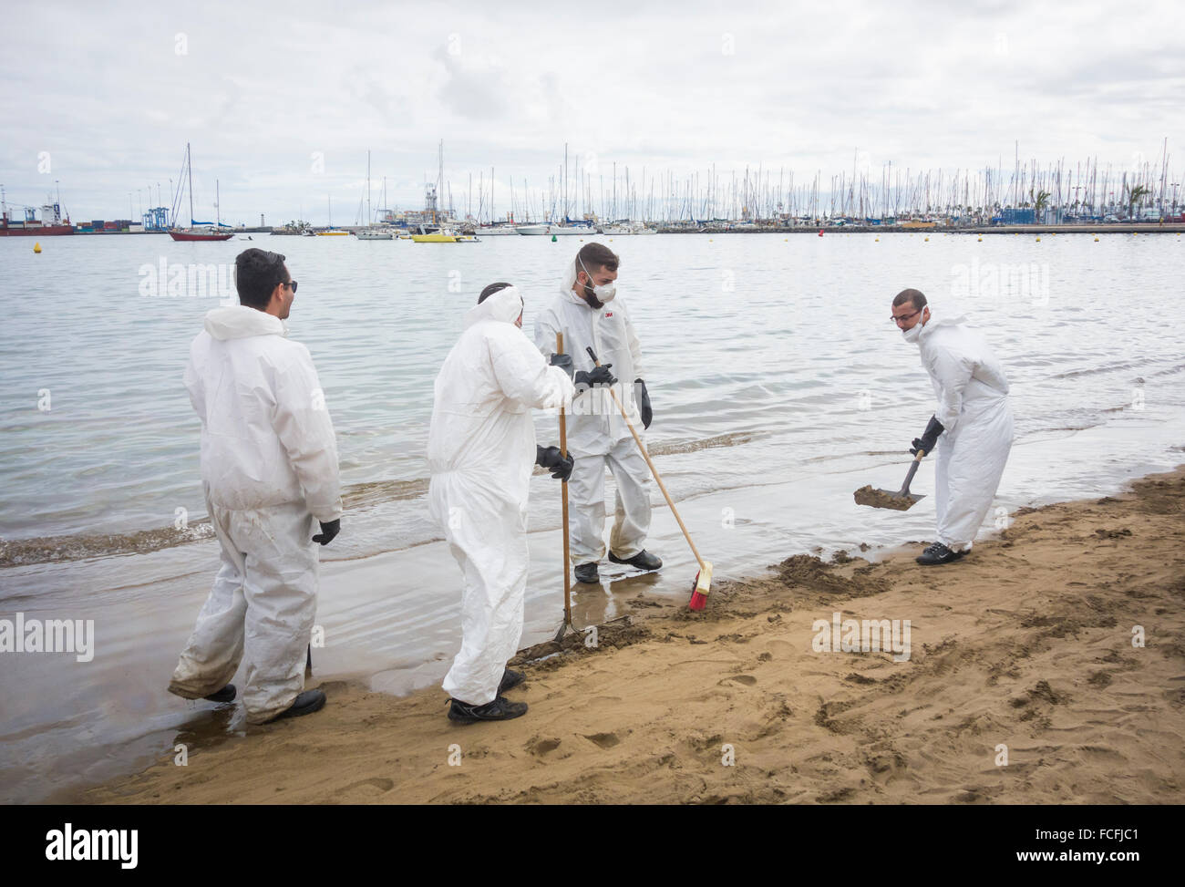 Cleaning city beach near container port following oil/fuel spill Stock ...