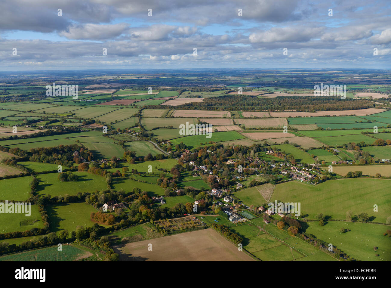 An aerial view of the sunny Hampshire countryside around the village of ...