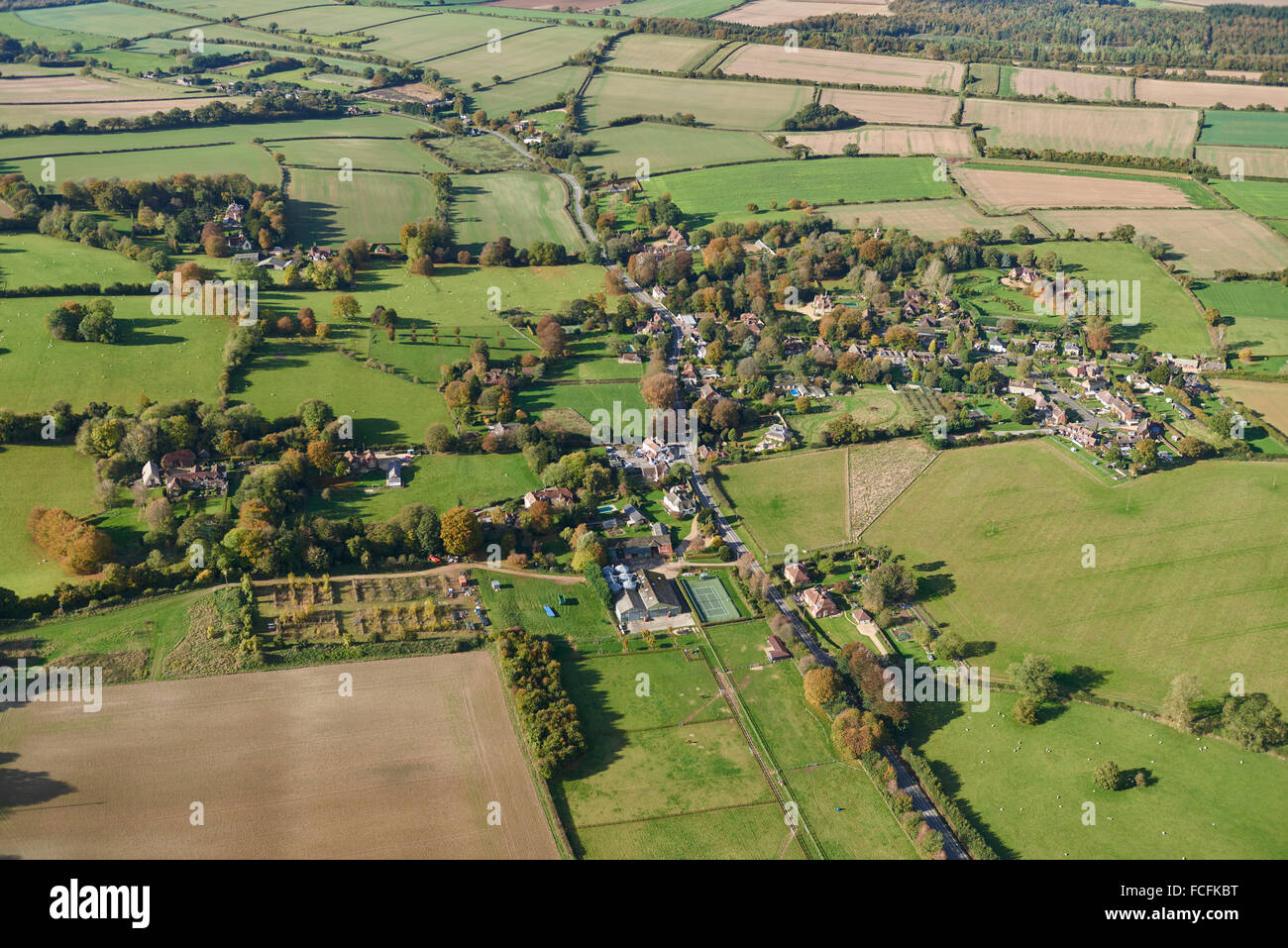 An aerial view of the sunny Hampshire countryside around the village of ...