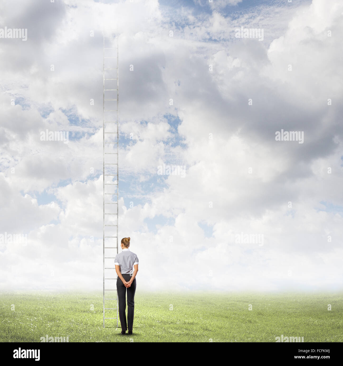 Rear view of businesswoman standing near ladder going high in sky Stock ...