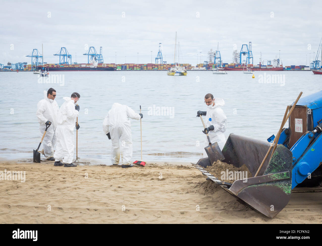 Cleaning city beach near container port following oil/fuel spill Stock ...