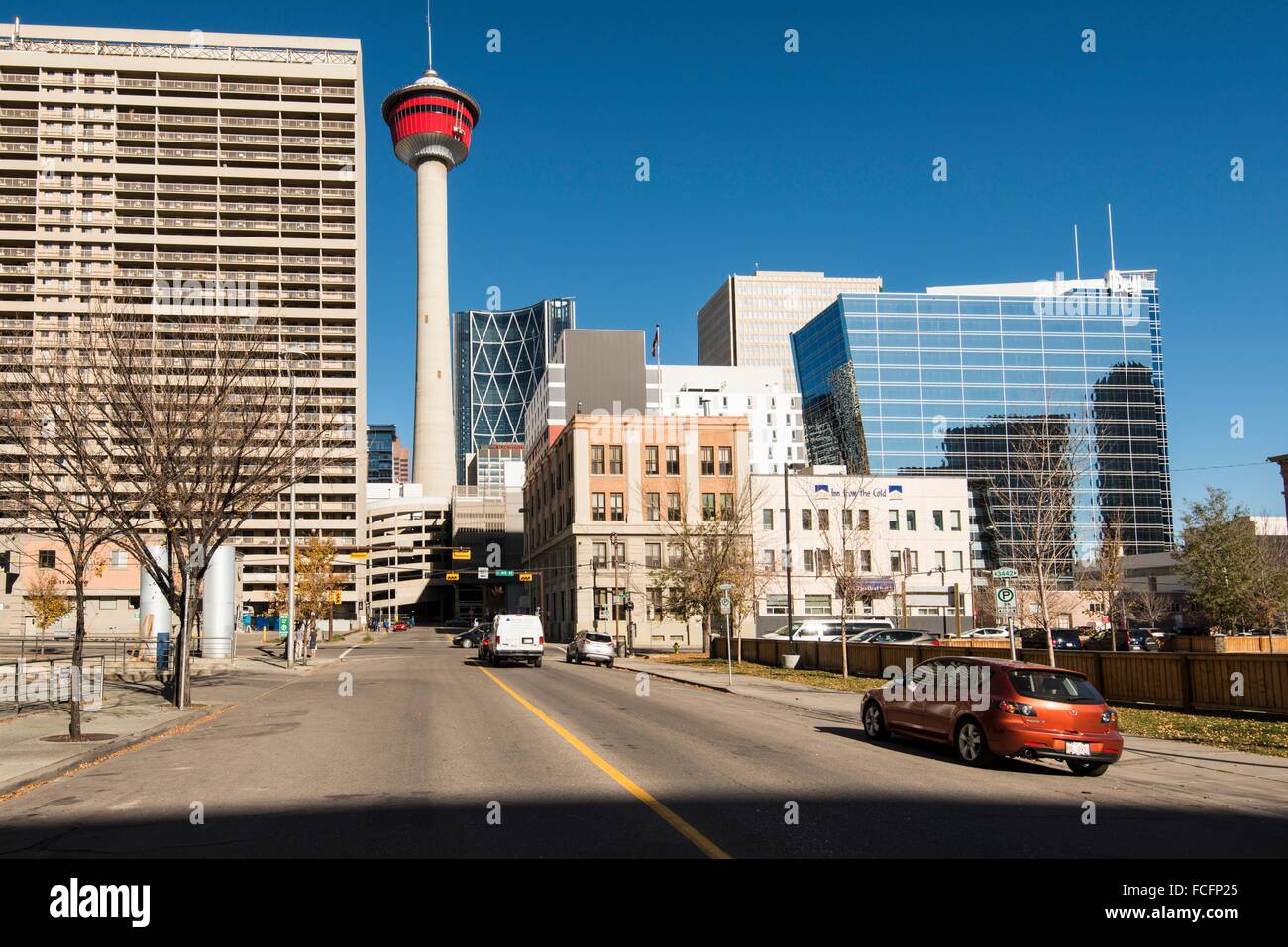 The Calgary Tower and office buildings in downtown Calgary, Alberta ...