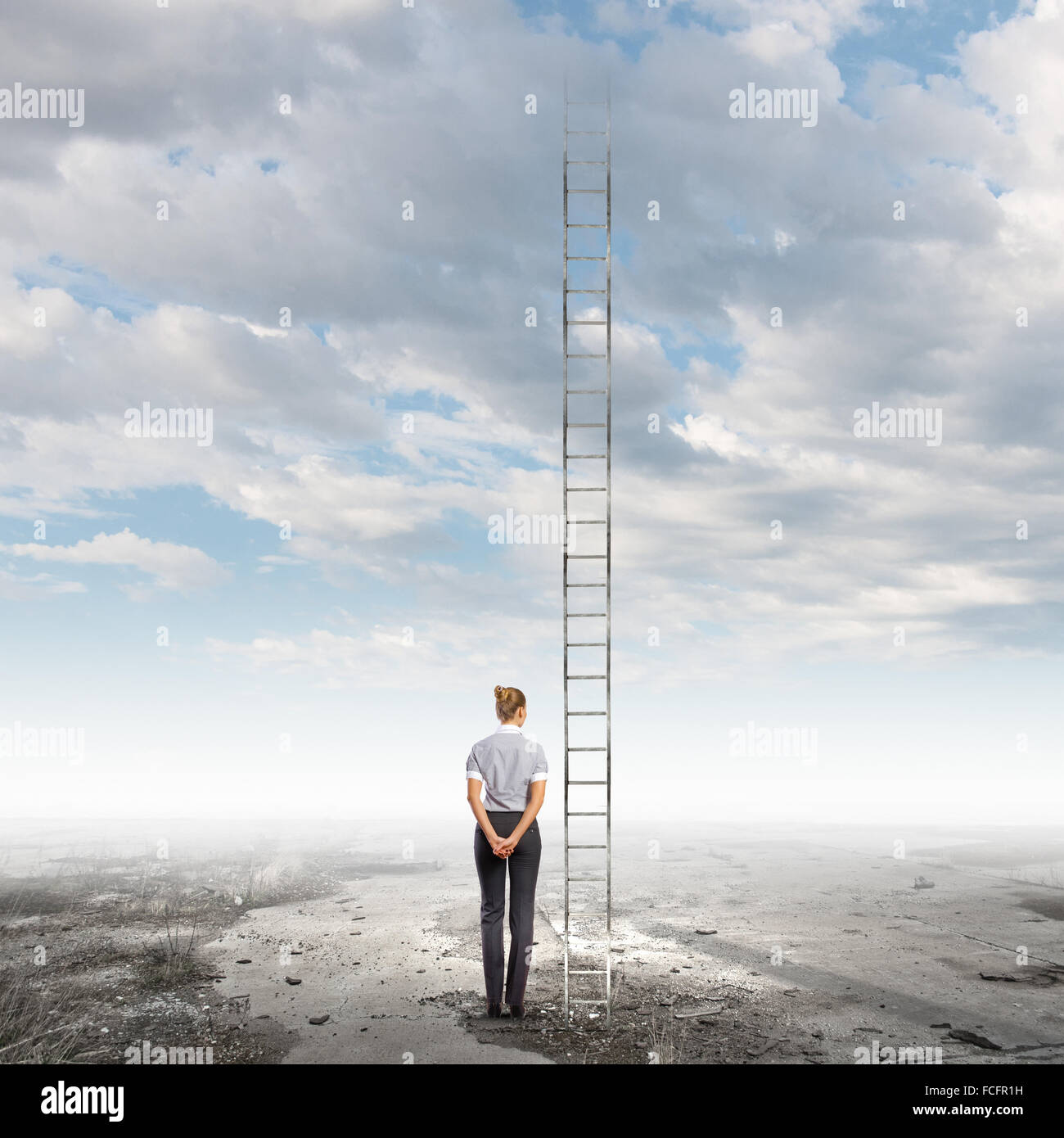 Rear view of businesswoman standing near ladder going high in sky Stock ...