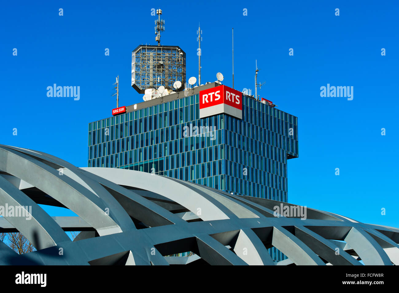 Switzerland, Geneva: building and television mast of the Swiss public ...