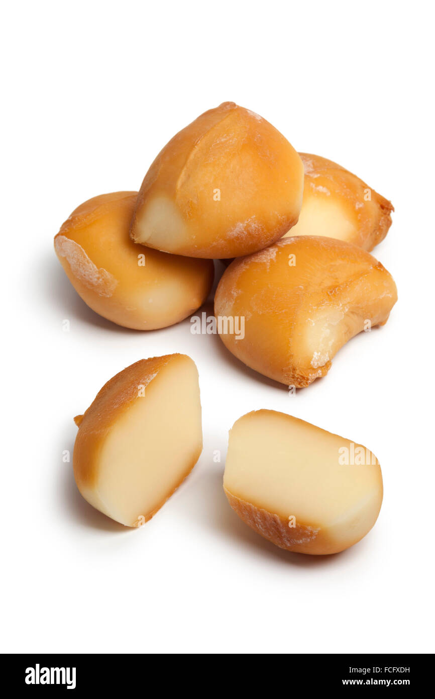 Smoked italian baby mozzarella on white background Stock Photo - Alamy