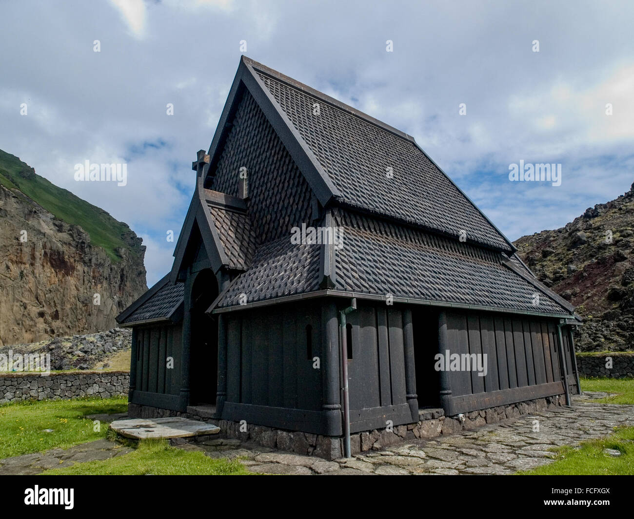 Black painted wooden church on the island of Heimaey, part of ...