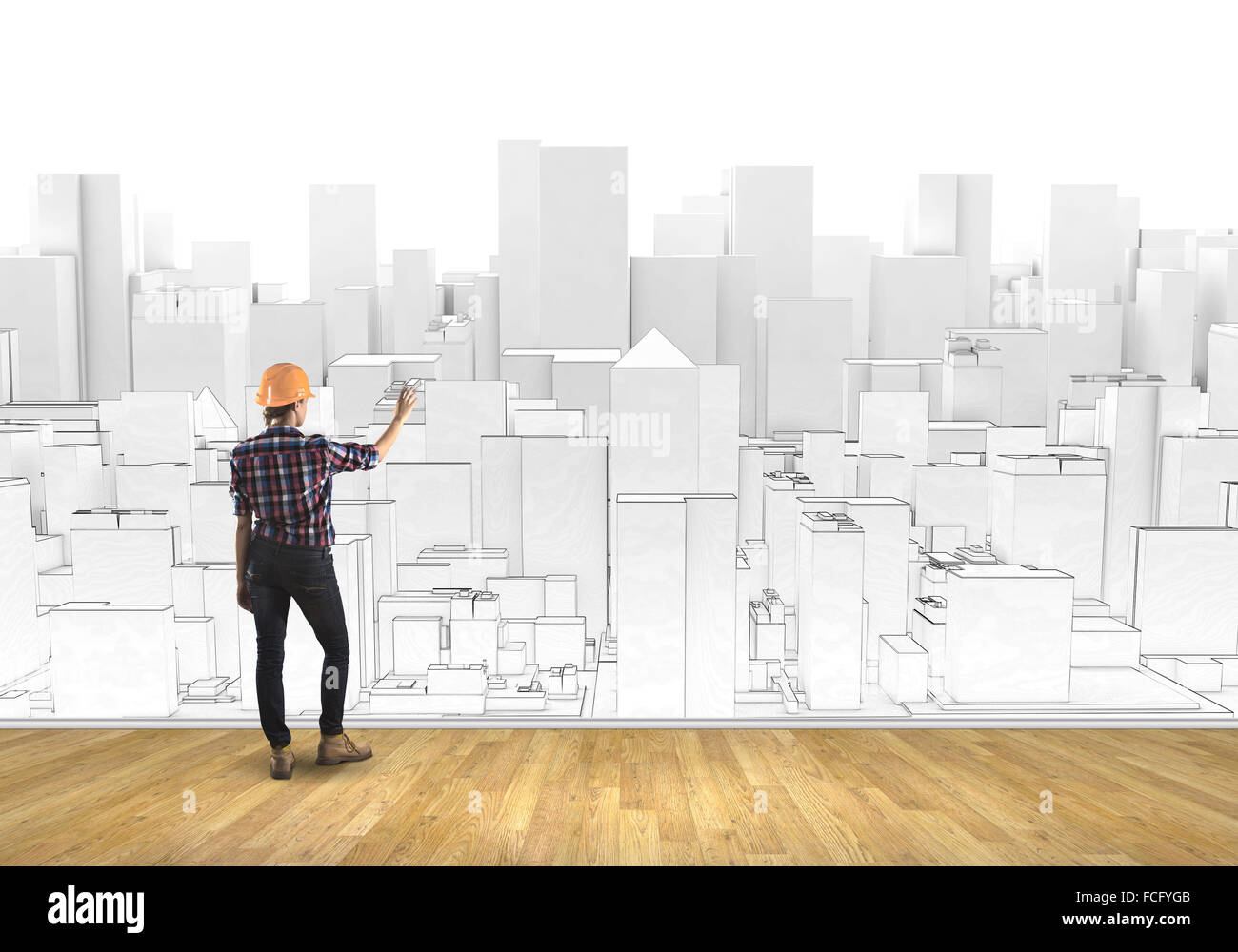 Rear view of engineer drawing project of business district Stock Photo ...