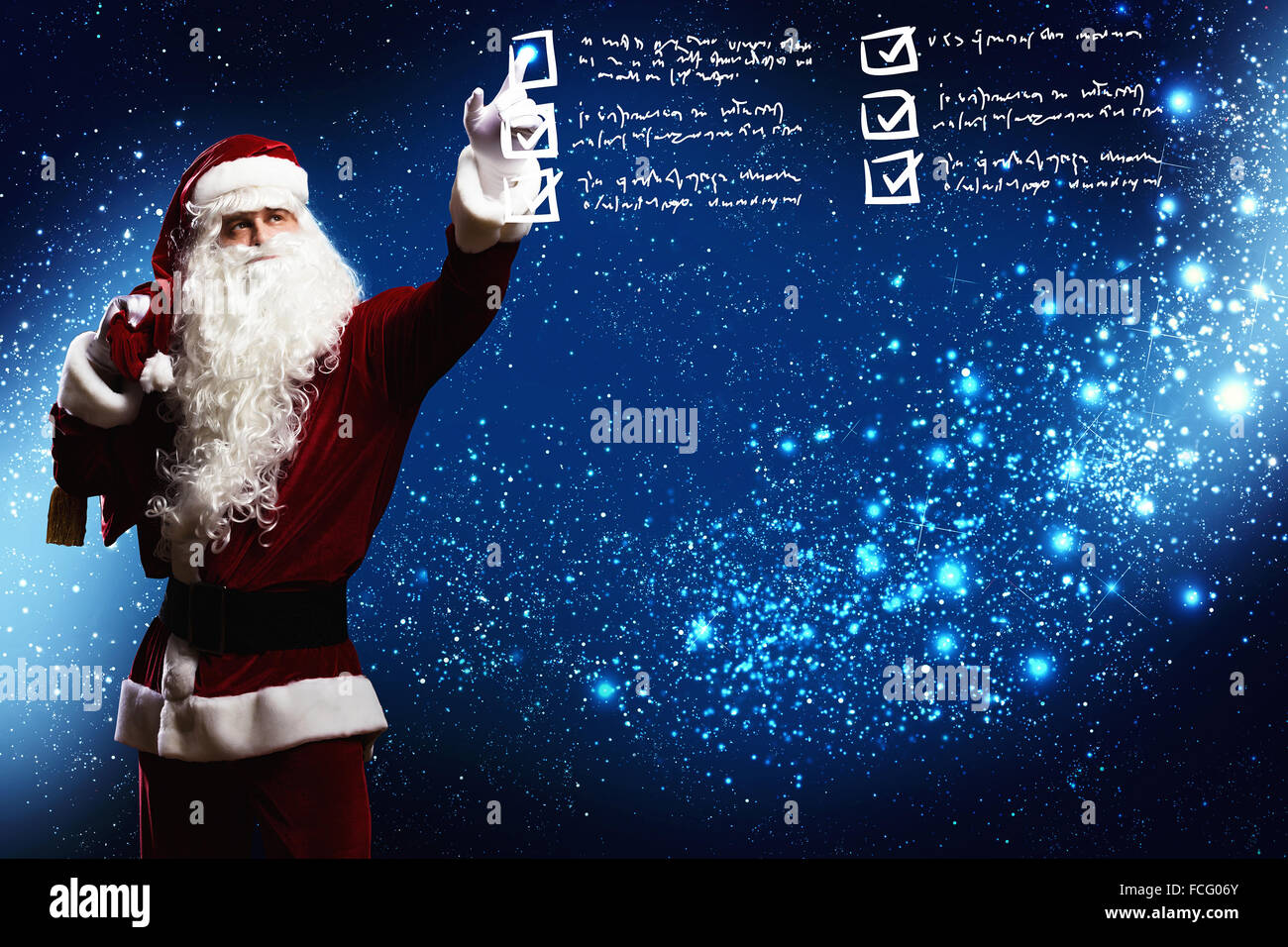 Santa Clause with gift bag behind shoulders Stock Photo - Alamy